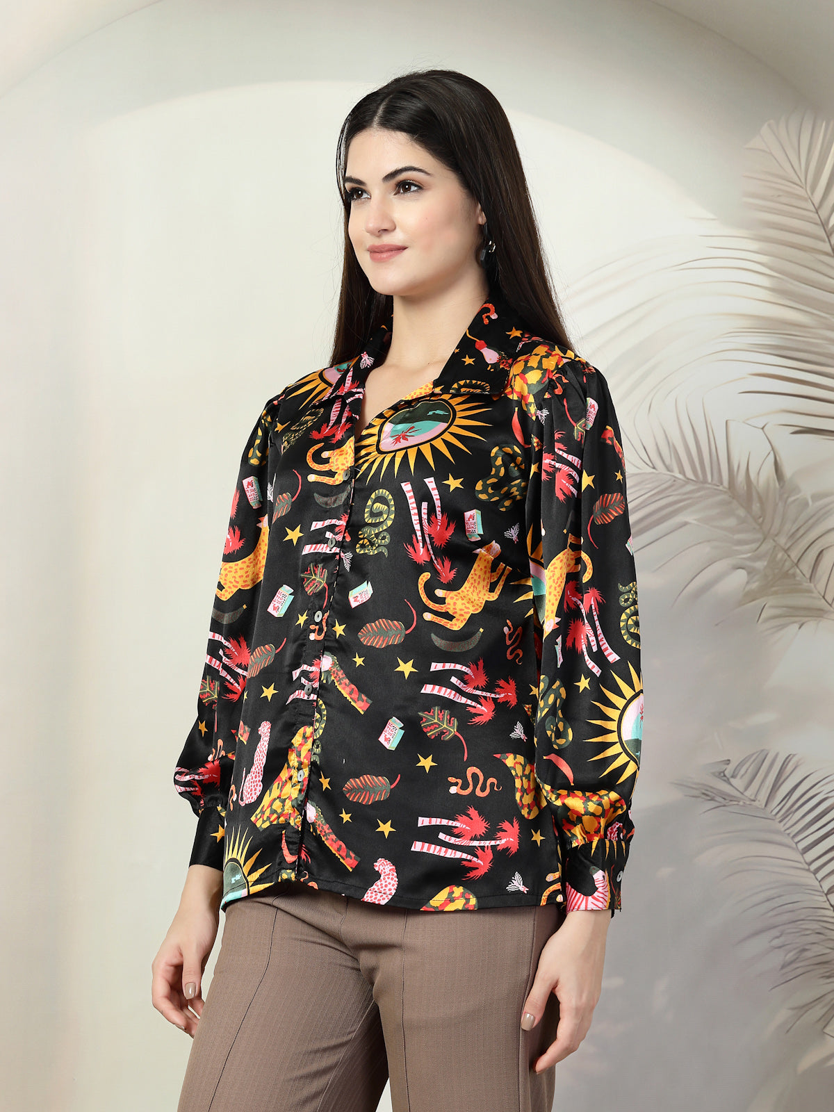 Black floral printed opaque Casual Buttoned Top – CINK